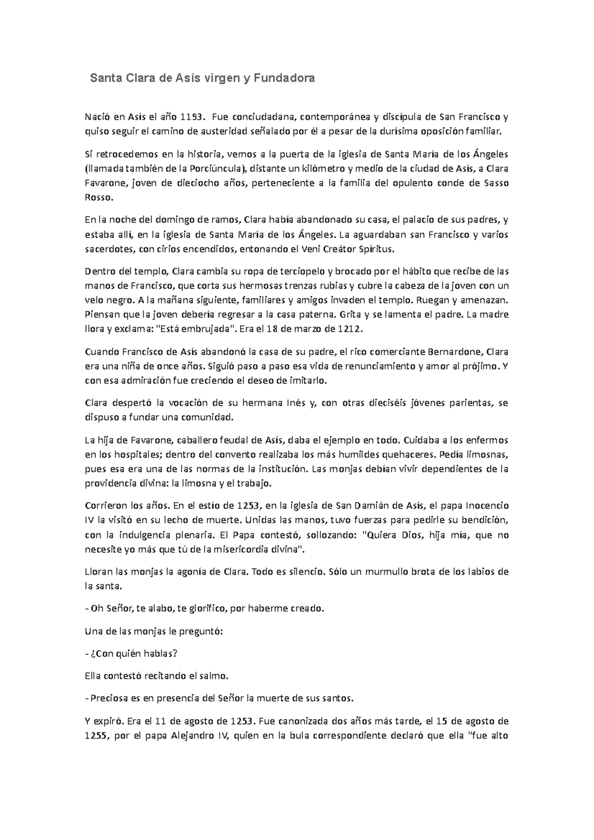 Biografia DE Santa Clara DE ASIS - Santa Clara de Asís virgen y ...