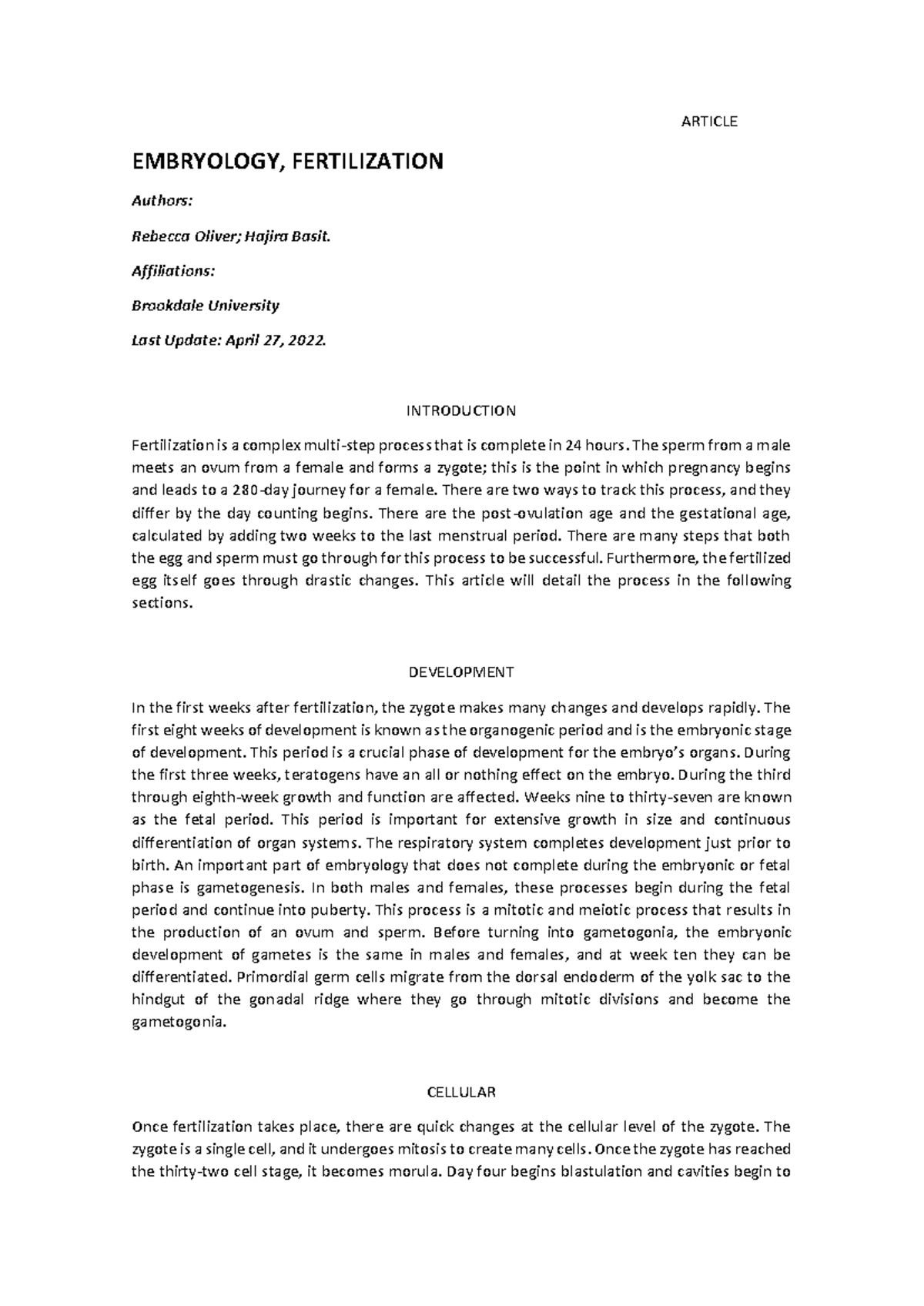 Articulo DE Investigación - ARTICLE EMBRYOLOGY, FERTILIZATION Authors ...