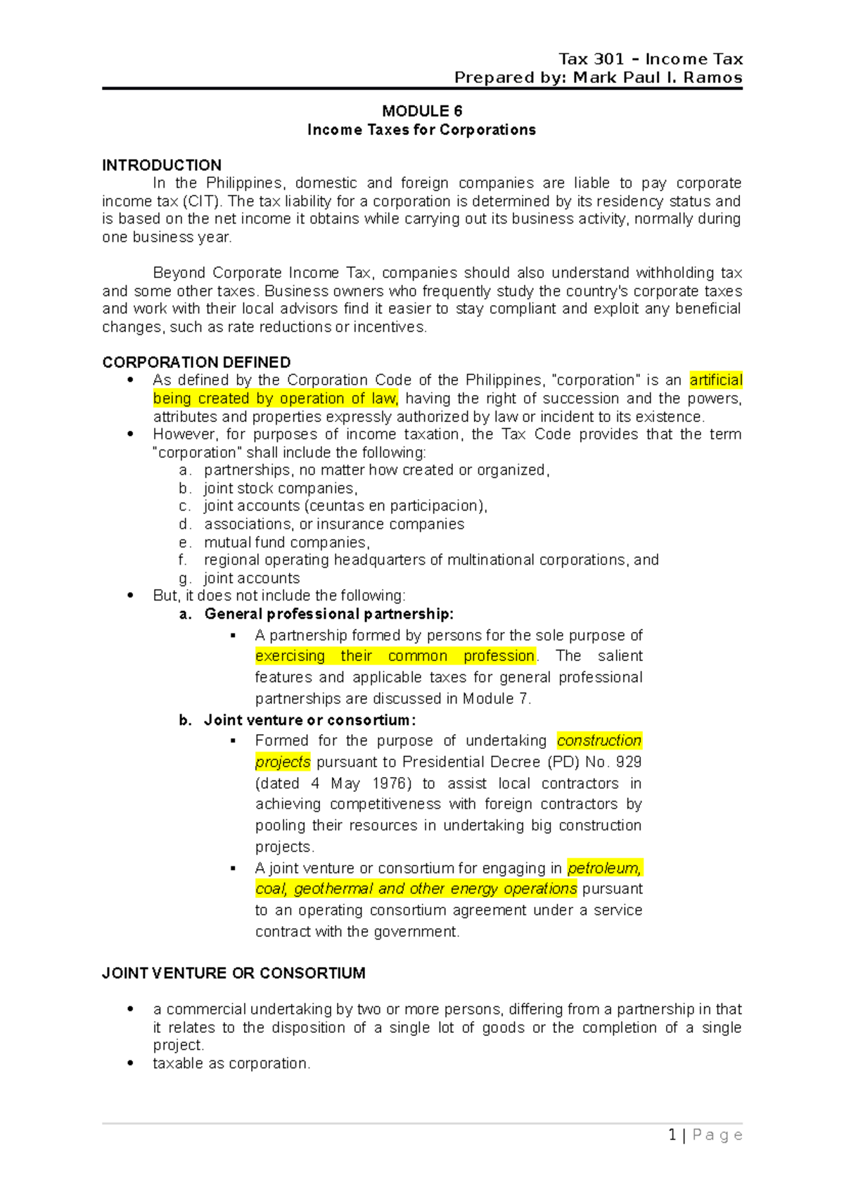 Module 6 - Income Taxes for Corporations - Prepared by: Mark Paul I ...