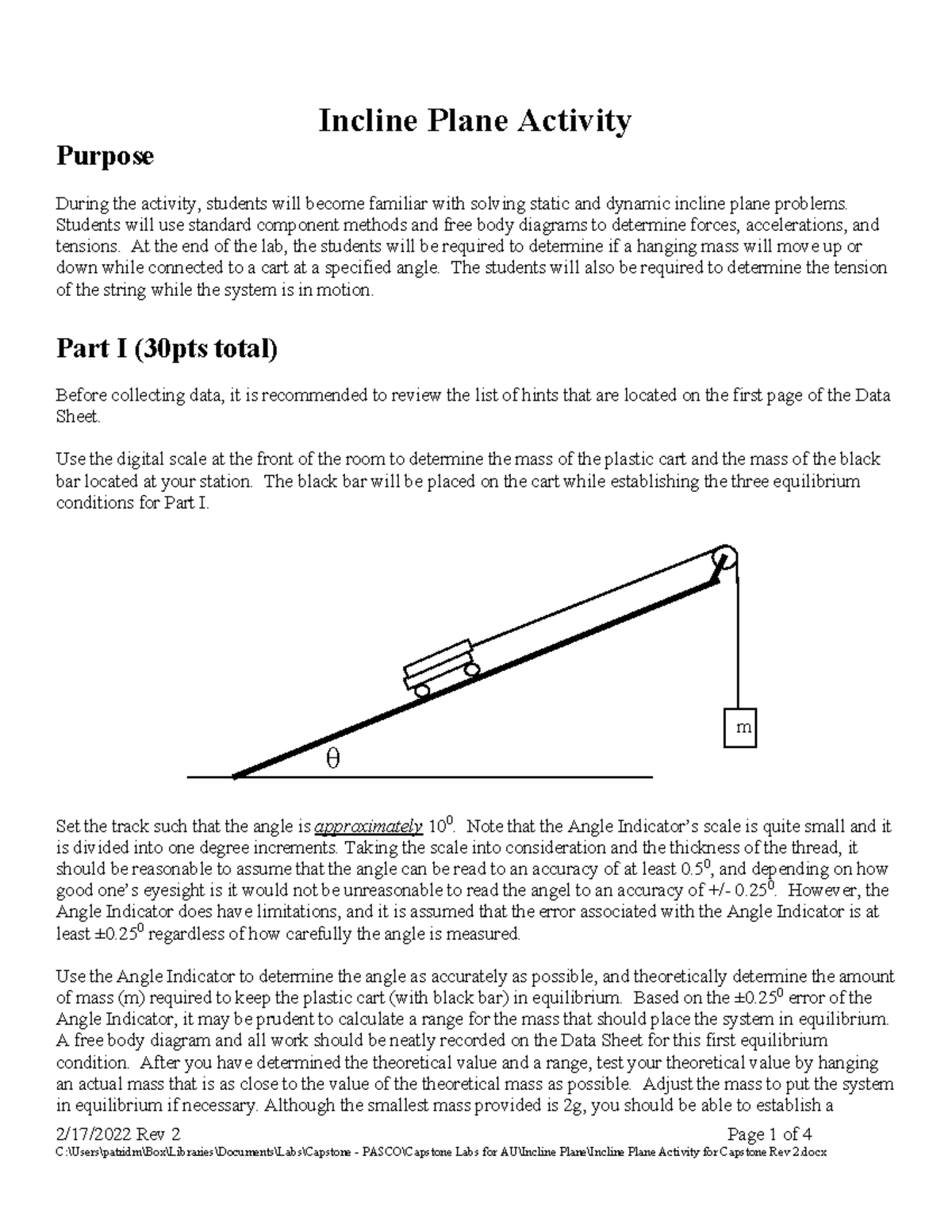 Incline plane activity for capstone rev 2 - 2/17/2022 Rev 2 Page 1 of 4 Incline Plane Activity ...