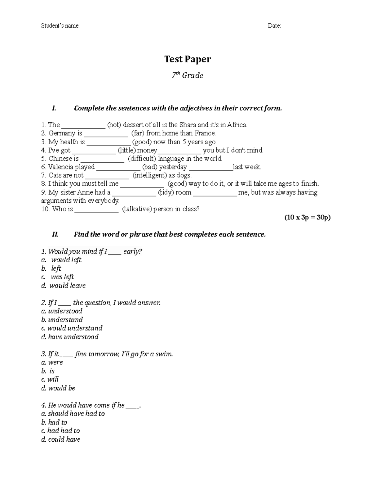 Test paper 7th grade (model) - Student’s name: Date: Test Paper 7th ...