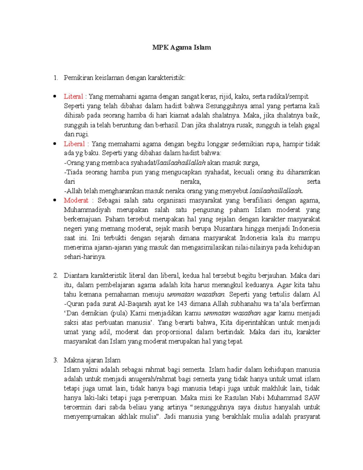 4 - Materi MPK Agama Islam - MPK Agama Islam Pemikiran keislaman dengan karakteristik: Literal ...