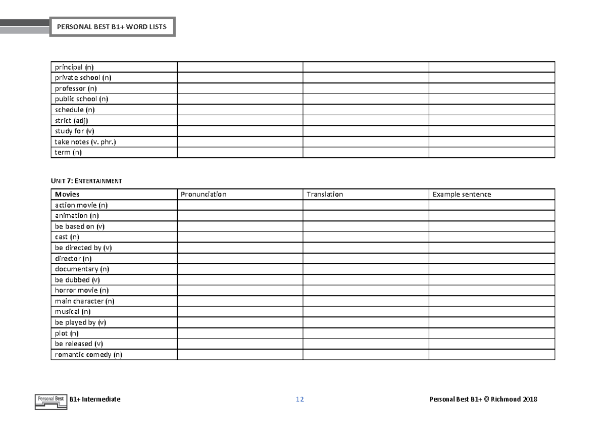 PB Am E B1+ Word list U7-12 - principal (n) private school (n ...