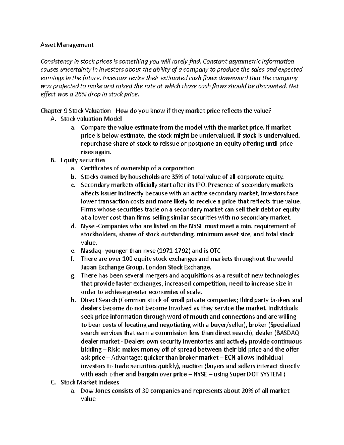 Finance Chapter 9 - Lecture notes 9 - Asset Management Consistency in ...