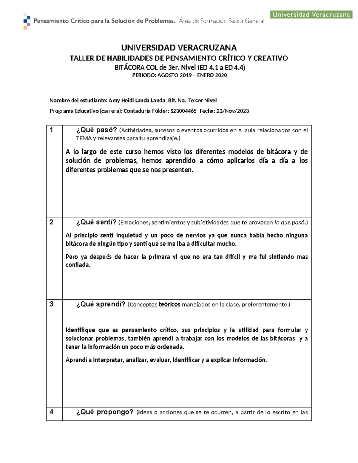 ACT09 Landa AMY - bitacora 3 nivel - UNIVERSIDAD VERACRUZANA TALLER DE ...
