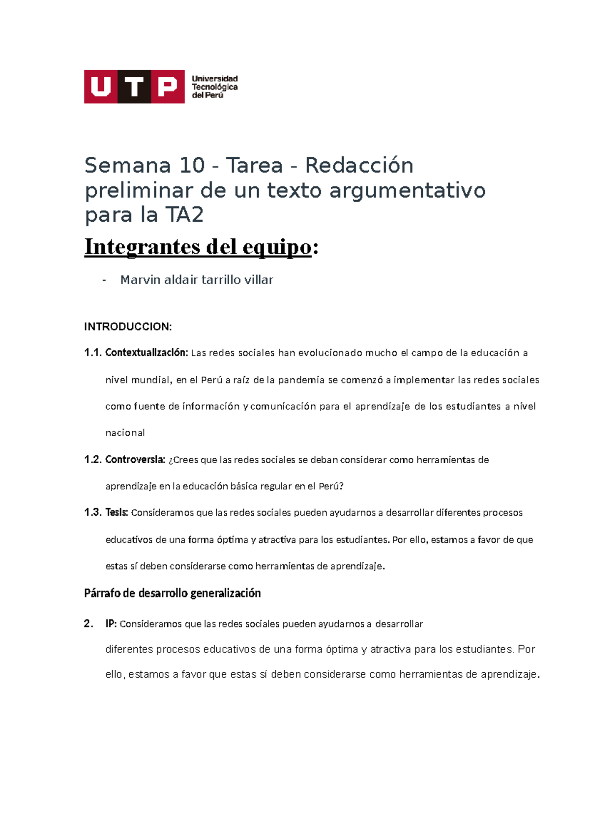 Redaccion preliminar Semana 10 - Semana 10 - Tarea - Redacción ...