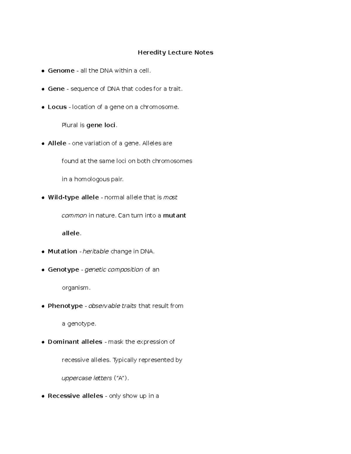Heredity Lecture Notes - Gene - sequence of DNA that codes for a trait ...