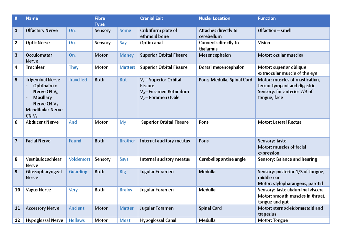 Cranial Nerves Table - Name Fibre Type Cranial Exit Nuclei Location ...