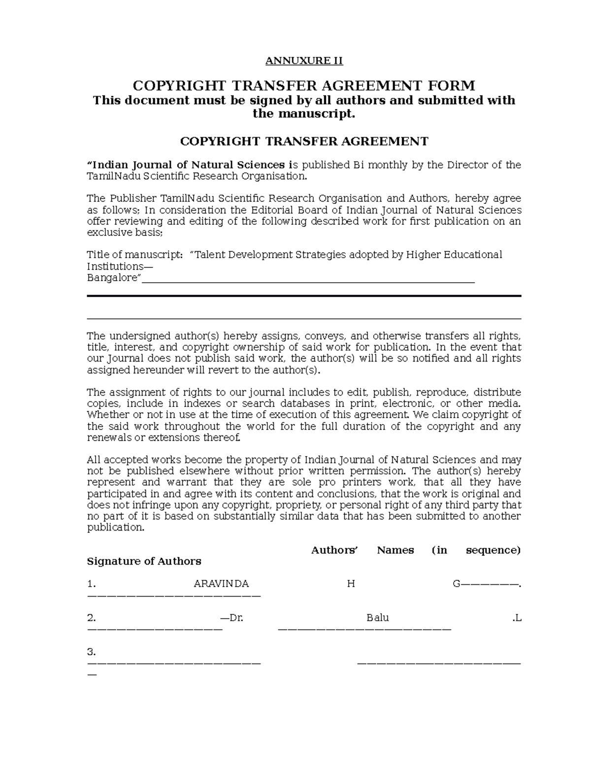 2 COPY Right Agreementform- Aravinda H G - ANNUXURE II COPYRIGHT ...