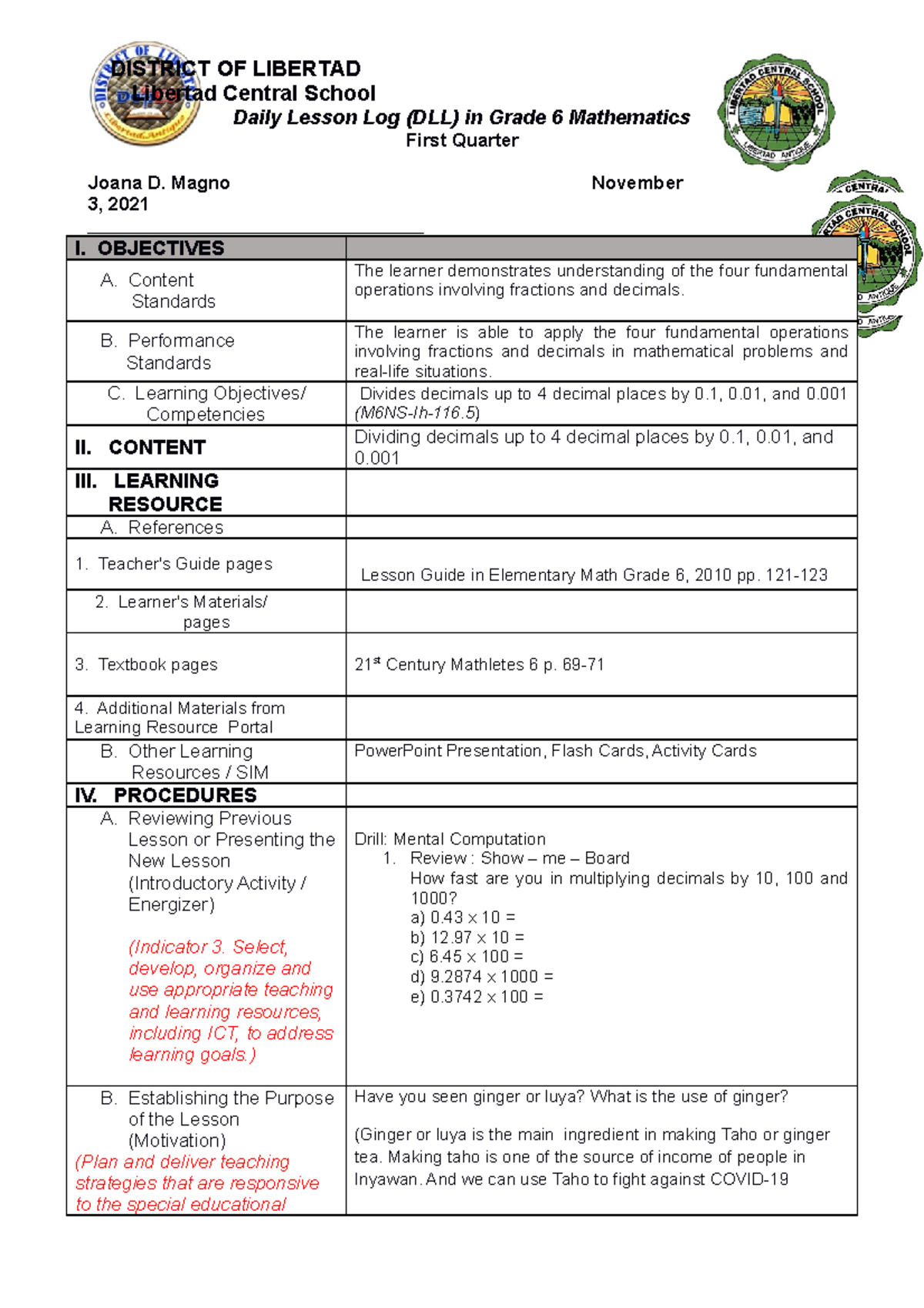 Dllco 1 - hopefully it helps - Libertad Central School Daily Lesson Log ...