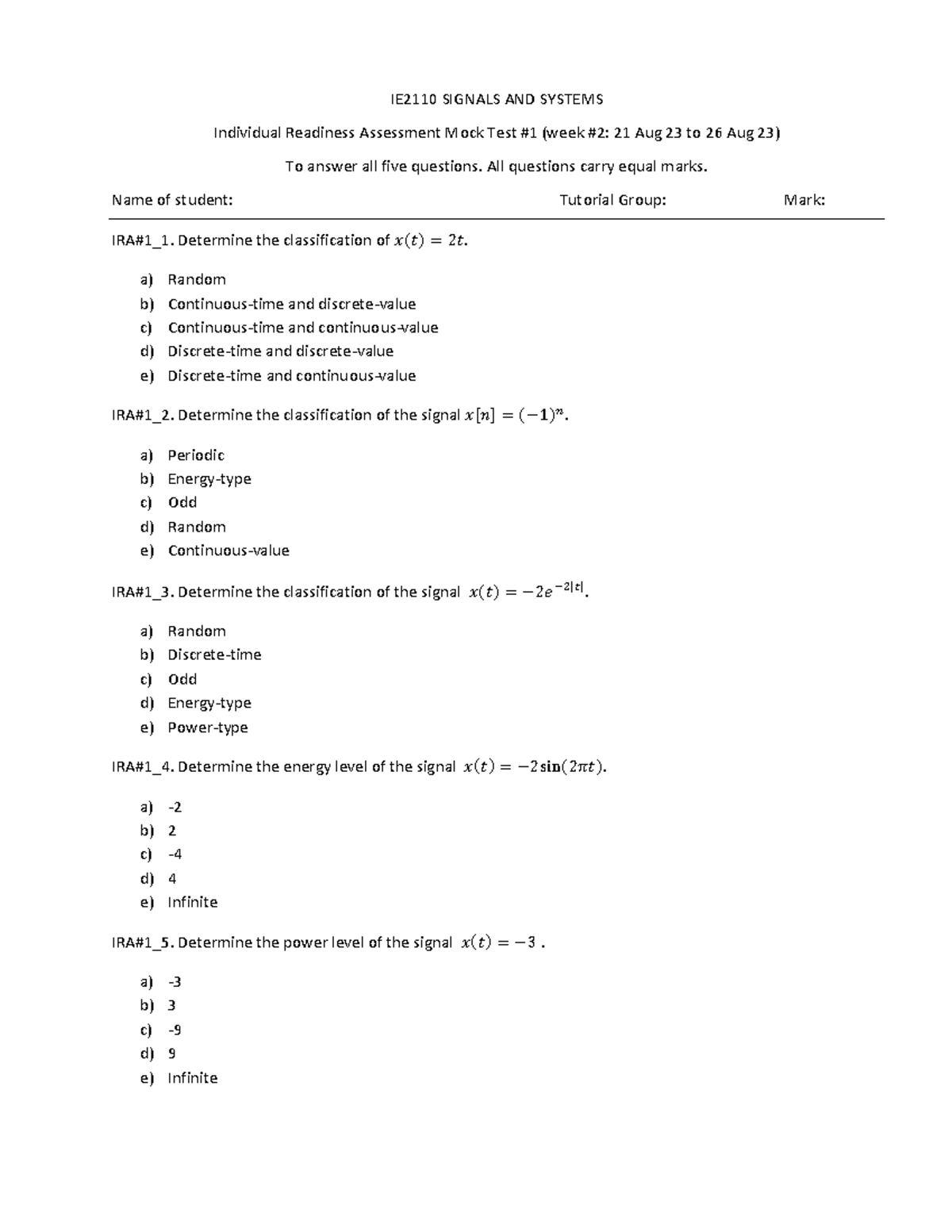 Mock Test IE2110 IRA#1-Week#2 - IE2110 SIGNALS AND SYSTEMS Individual ...
