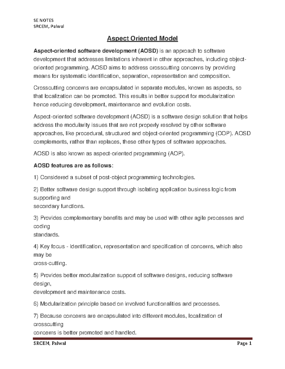 Module 1 Aspect Oriented Model - SE NOTES SRCEM, Palwal SRCEM, Palwal ...
