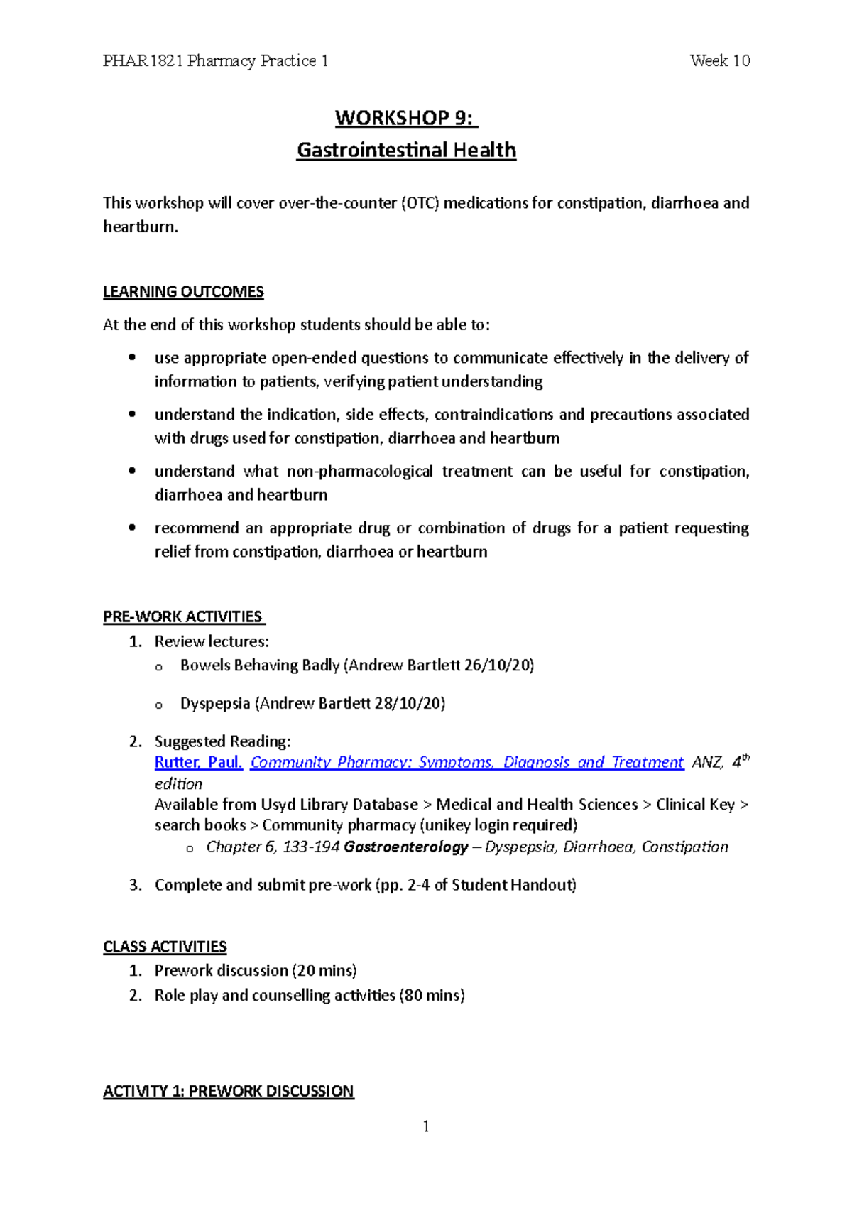 Workshop - GI Student handout - WORKSHOP 9: Gastrointestinal Health ...