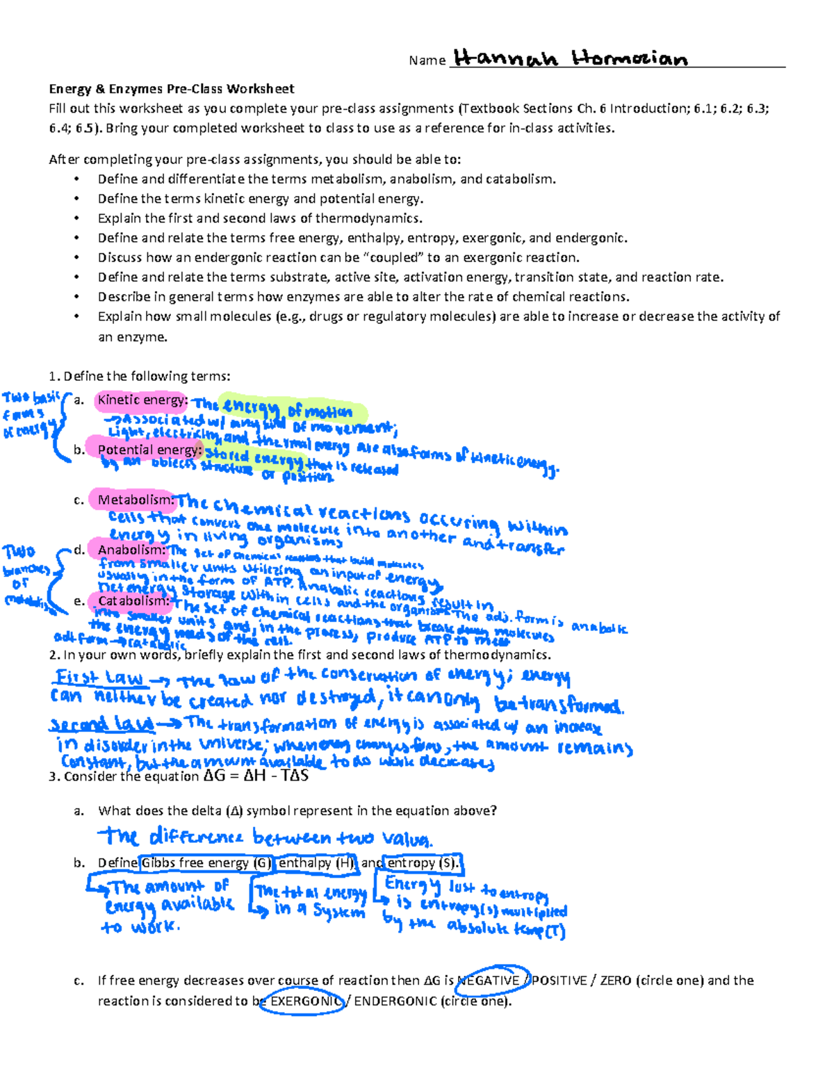 Week 3a Pre-Class Reading Guide - Energy Enzymes - Name - Studocu