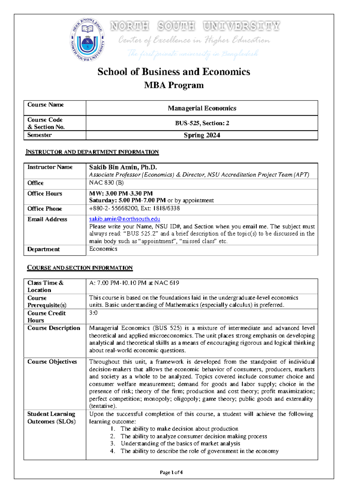 BUS 525 Course Outline-SBn-2-Spring 2024 - Page 1 of 4 School of ...
