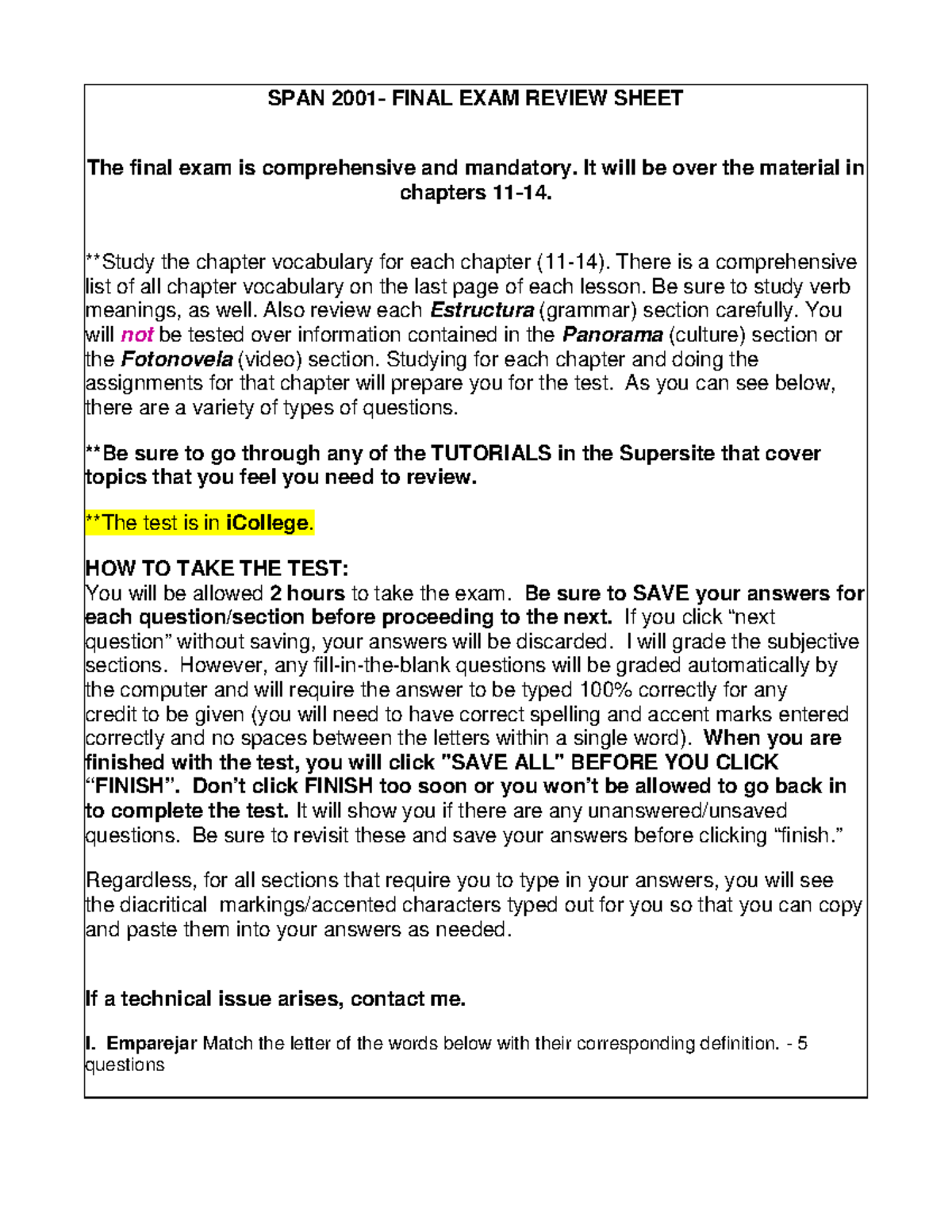 SPAN2001 Final EXAM Study Guide Fall 2021 - SPAN 2001- FINAL EXAM ...