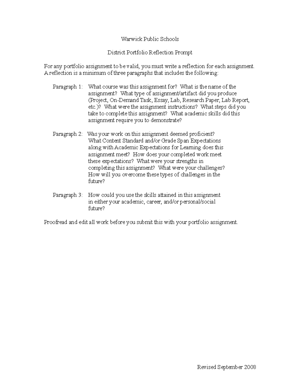 District Portfolio Reflection Prompt - Warwick Public Schools District ...