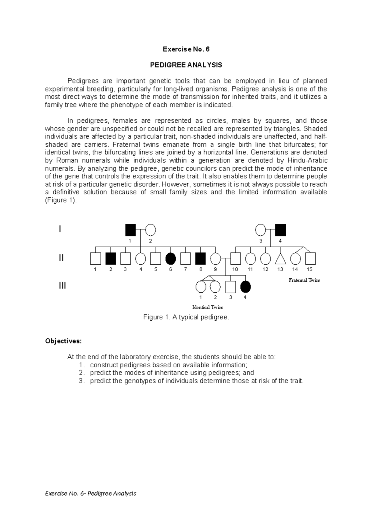 Pedigree - hjfg;y;yh' - Exercise No. 6 PEDIGREE ANALYSIS Pedigrees are ...