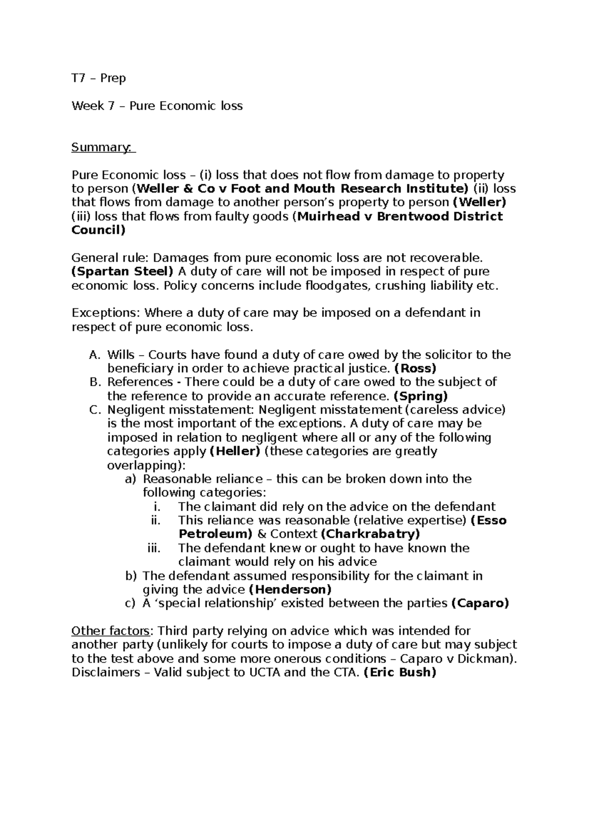 Pure Economic Loss - T7 – Prep Week 7 – Pure Economic loss Summary ...