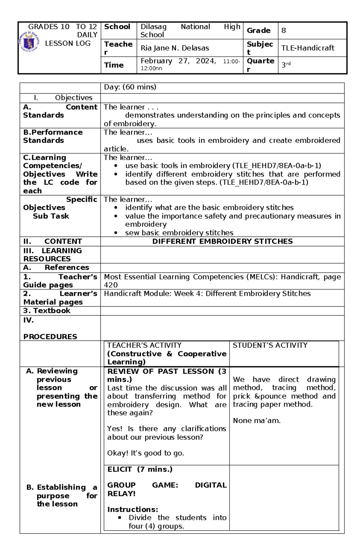 Lesson-Plan - GRADES 10 TO 12 DAILY LESSON LOG School Dilasag National ...