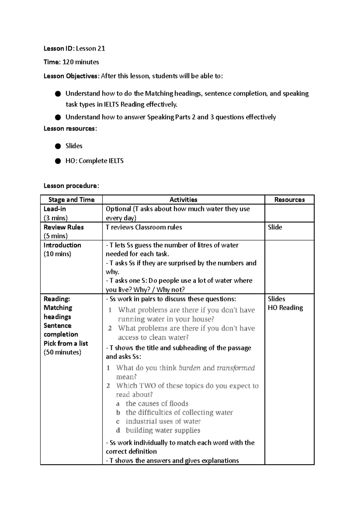 Lesson Plan - english work - Lesson ID: Lesson 21 Time: 120 minutes ...