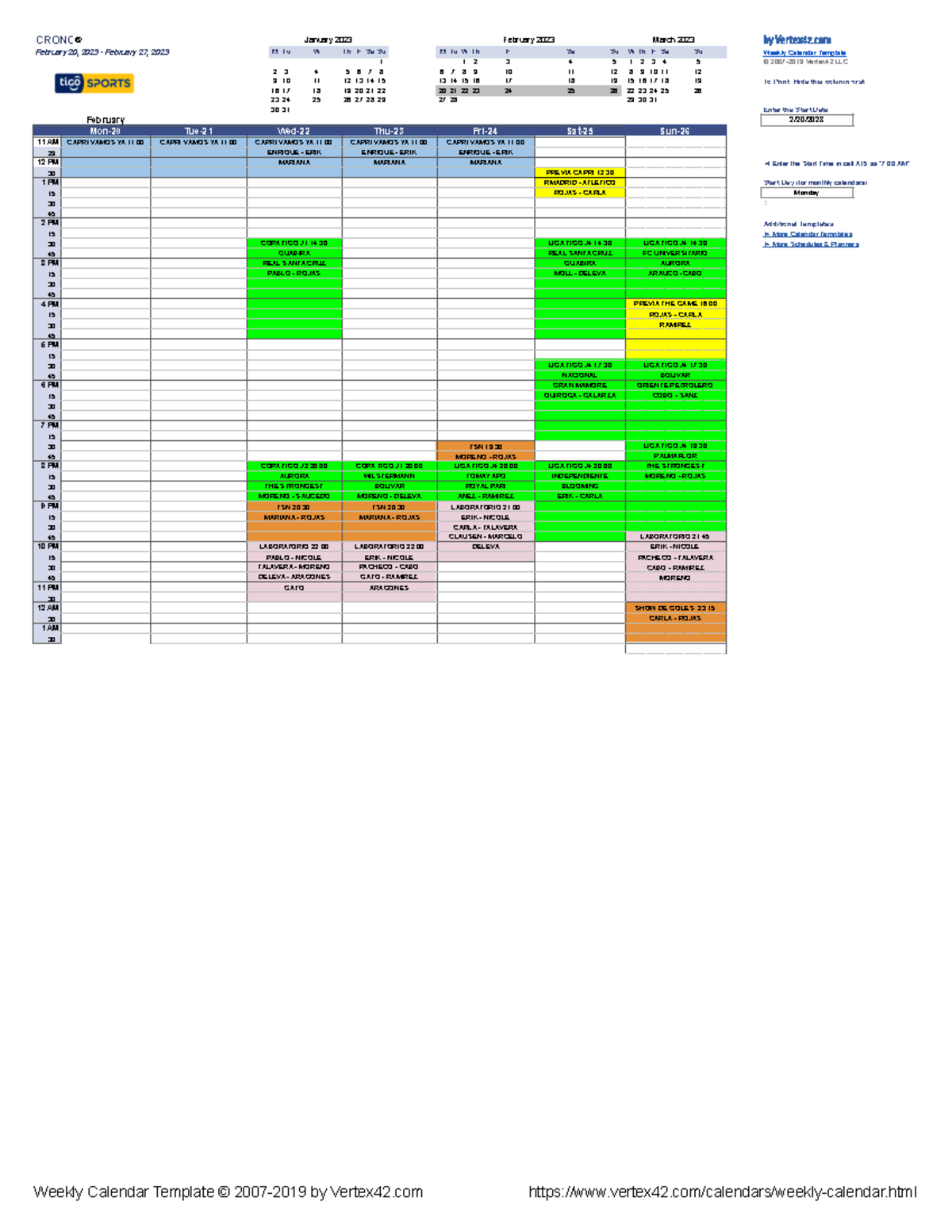 Cronograma TSP 2023 - Febrero 4 - Weekly Calendar Template © 2007-2019 ...