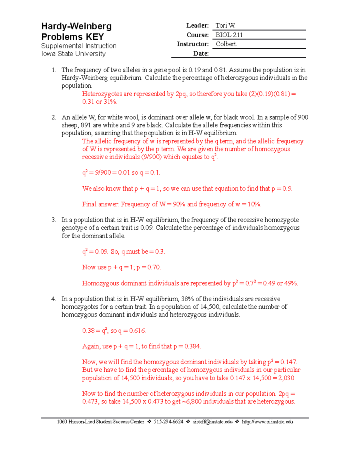 BIOL 211 Colbert toriwood HW Worksheet KEY - Hardy-Weinberg Problems ...