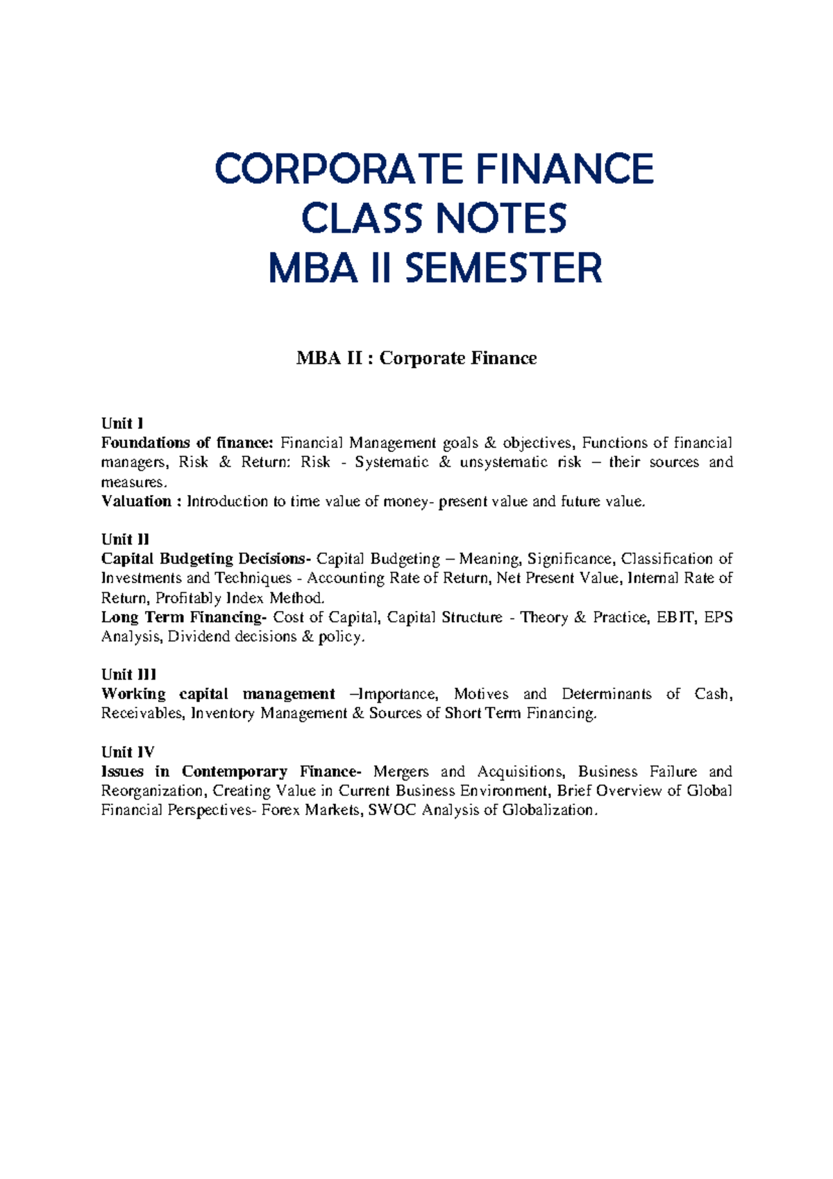 Unit -1 - CORPORATE FINANCE CLASS NOTES MBA II SEMESTER MBA II ...