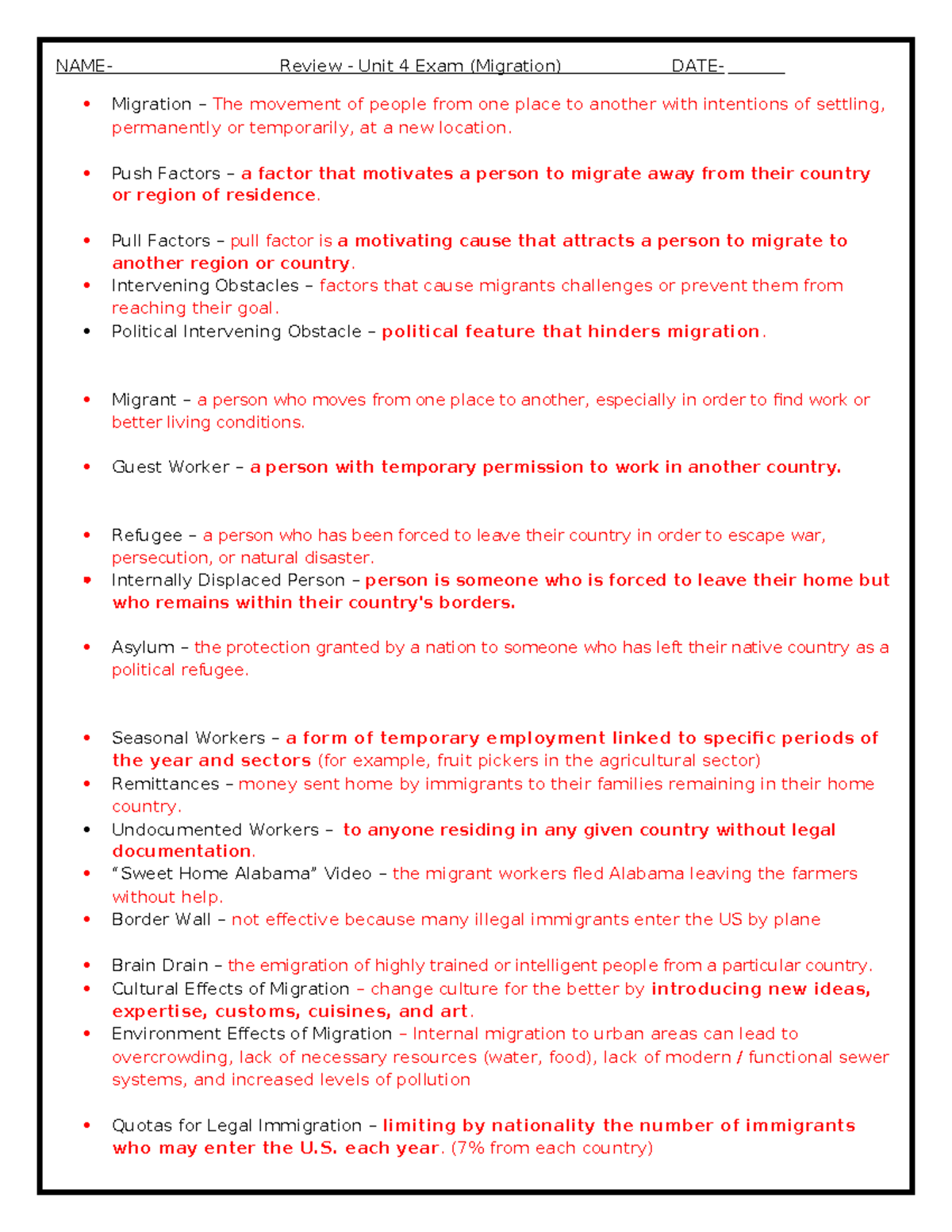 Wg unit 4 review answers Copy - NAME- Review - Unit 4 Exam (Migration ...