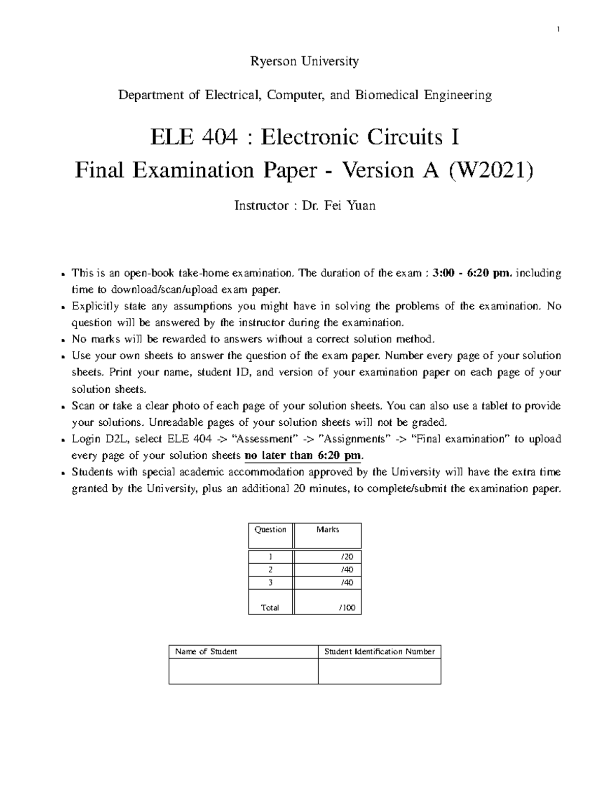 Ele404 final w2021 ver A - 1 Ryerson University Department of ...