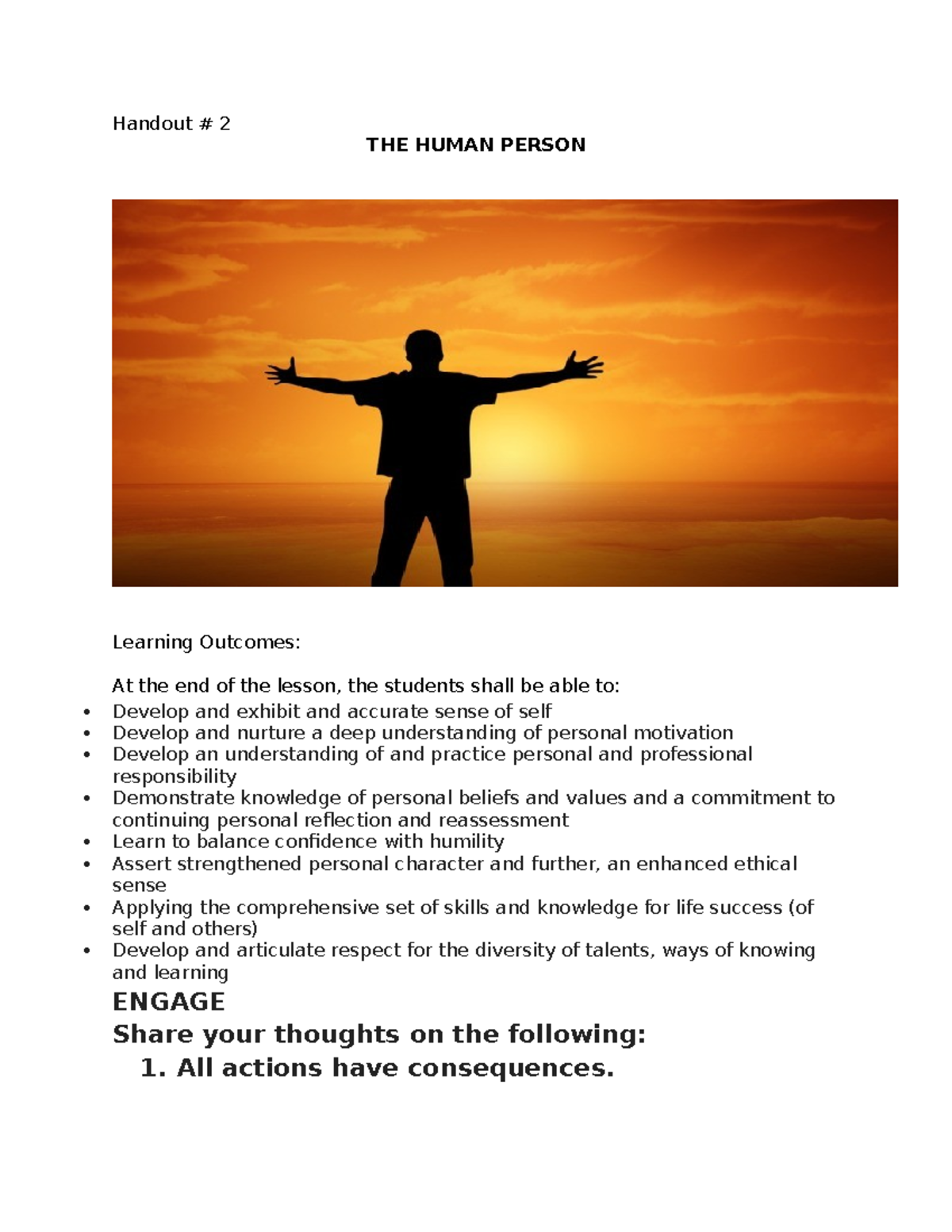 Lesson 2- The Human Person-RB - Handout # 2 THE HUMAN PERSON Learning ...