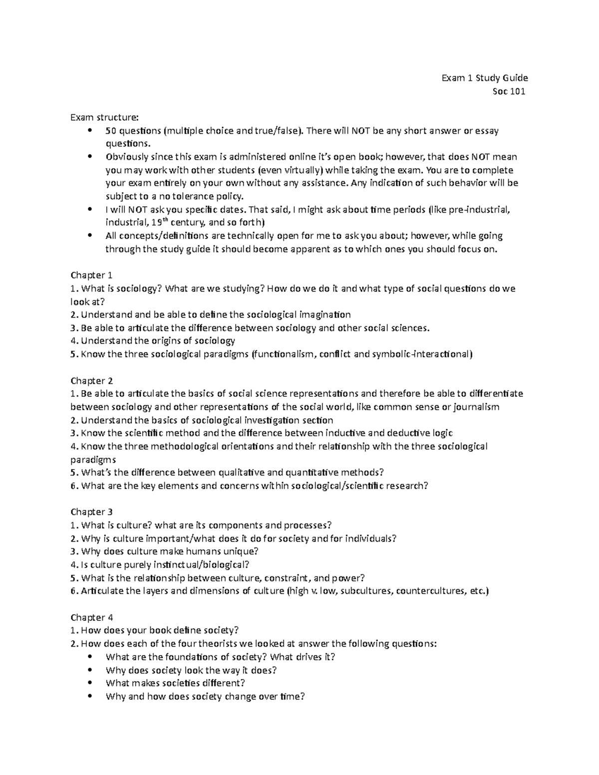 Exam 1 Study Guide Exam 1 Study Guide Soc 101 Exam Structure 50