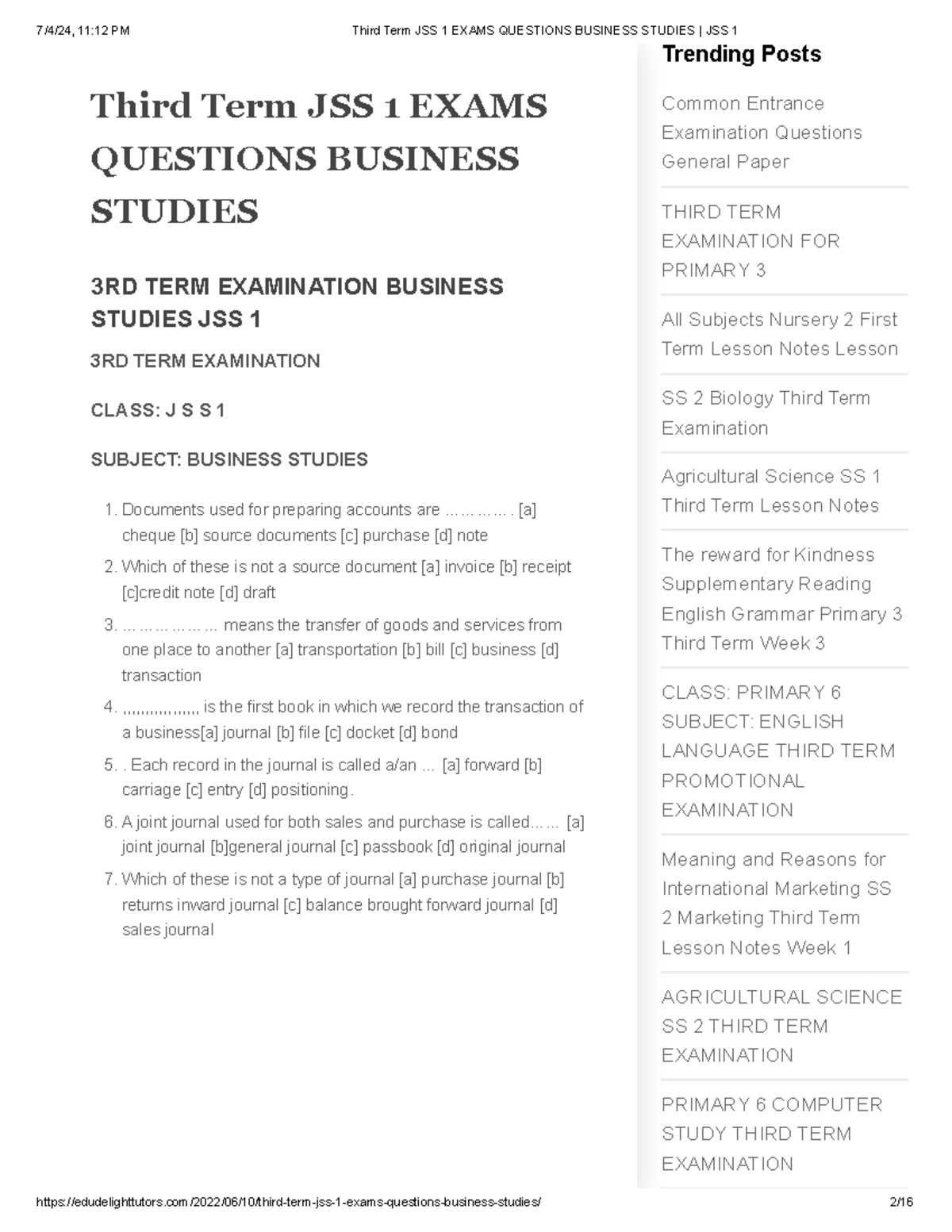 examination question for junior secondary school 2 - Third Term JSS 1 ...