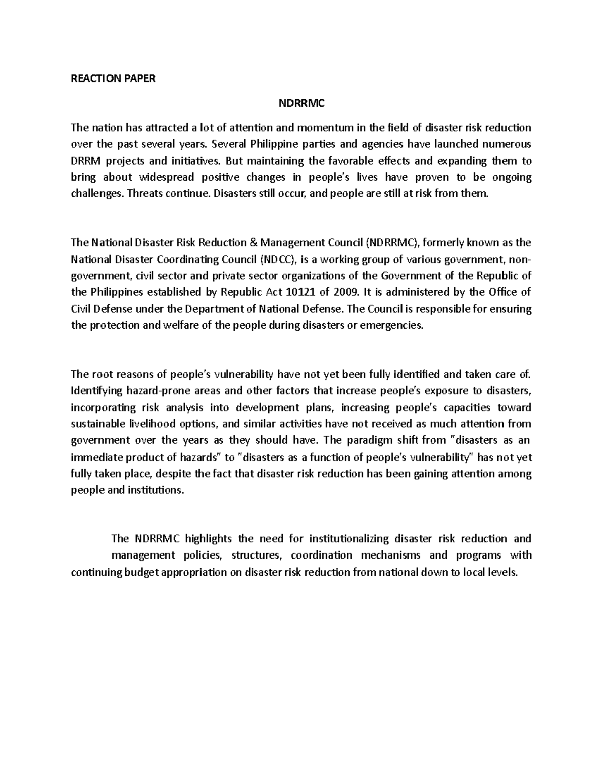 Reaction Paper - Ndrrmc - REACTION PAPER NDRRMC The nation has ...