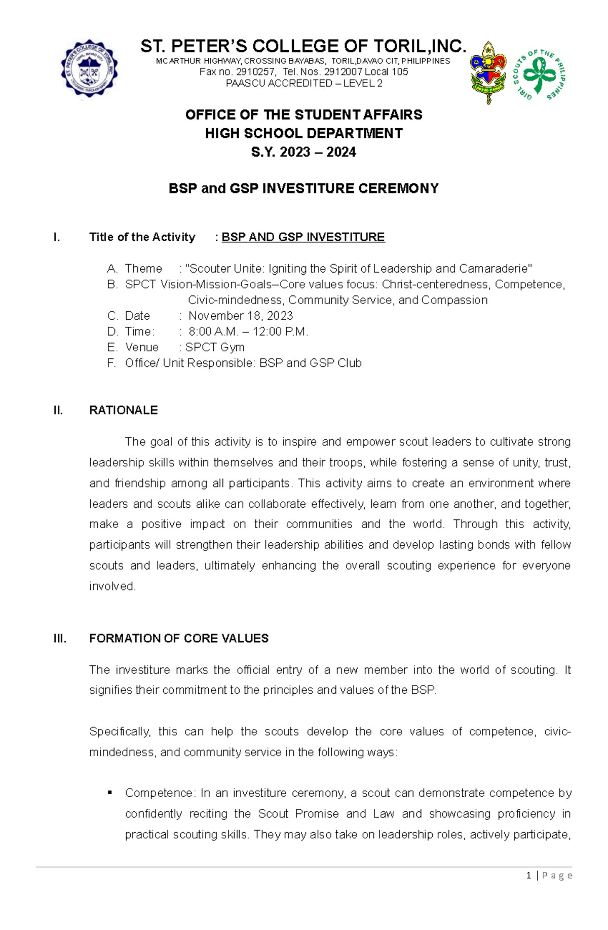 Investiture Ceremony Proposal - ST. PETER’S COLLEGE OF TORIL,INC ...