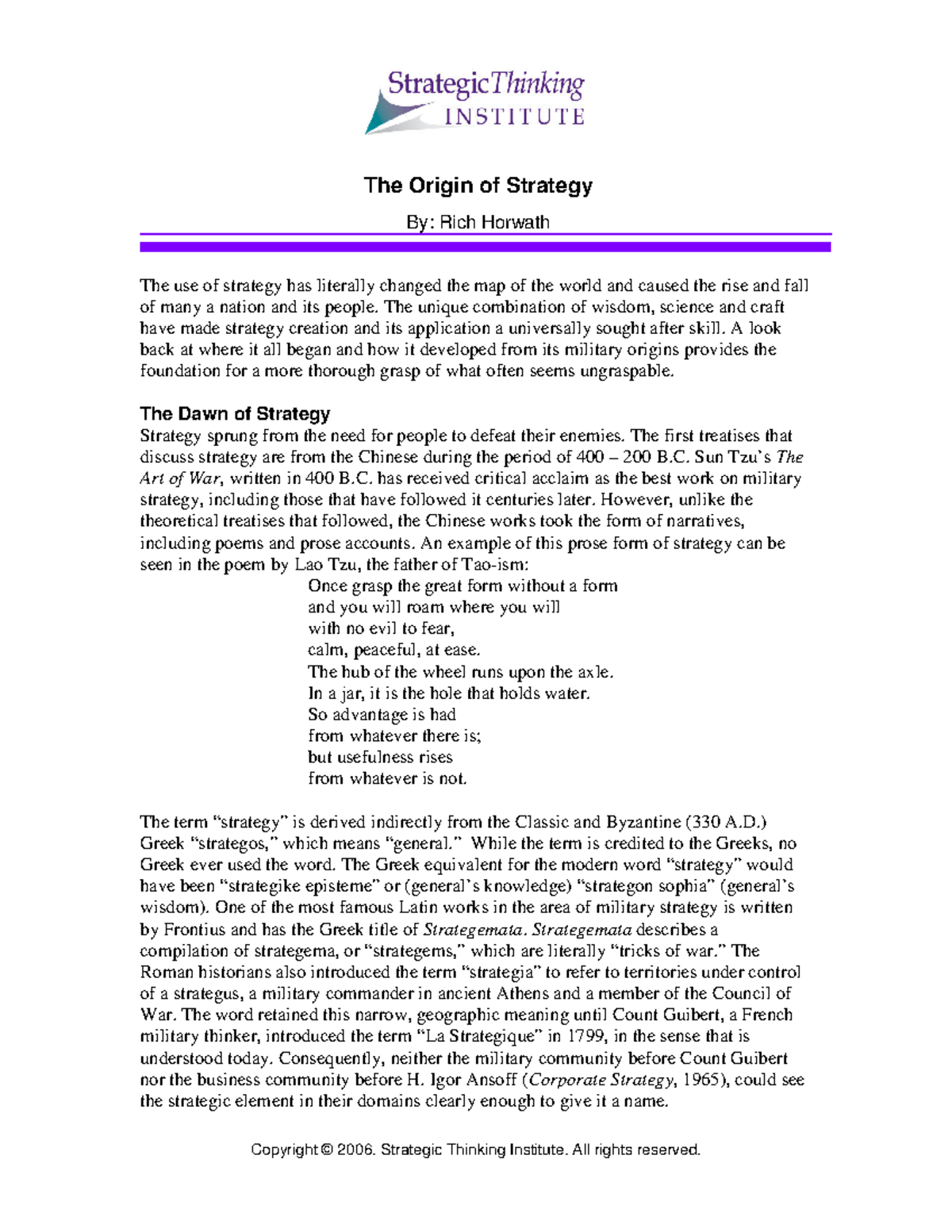 Origin strategy - hbjjjj - The Origin of Strategy By: Rich Horwath The ...