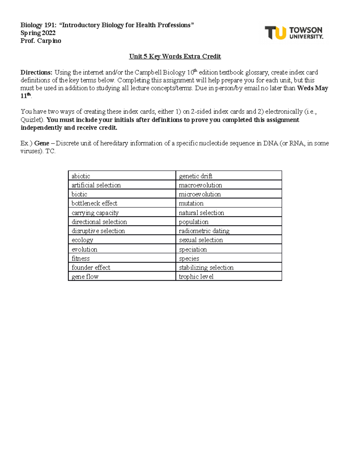 Unit 5 Key Words - Biology 191: “Introductory Biology for Health ...
