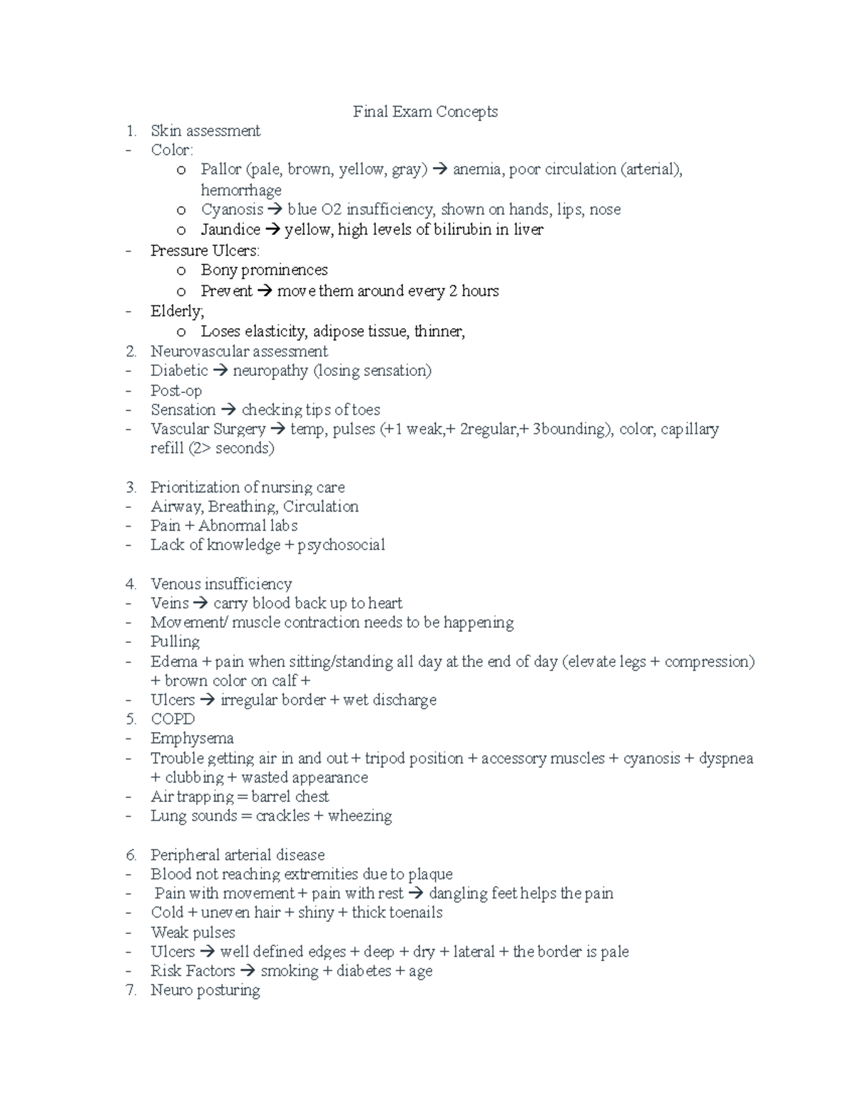 Final Exam Concepts - Final Exam Concepts Skin assessment Color: o ...