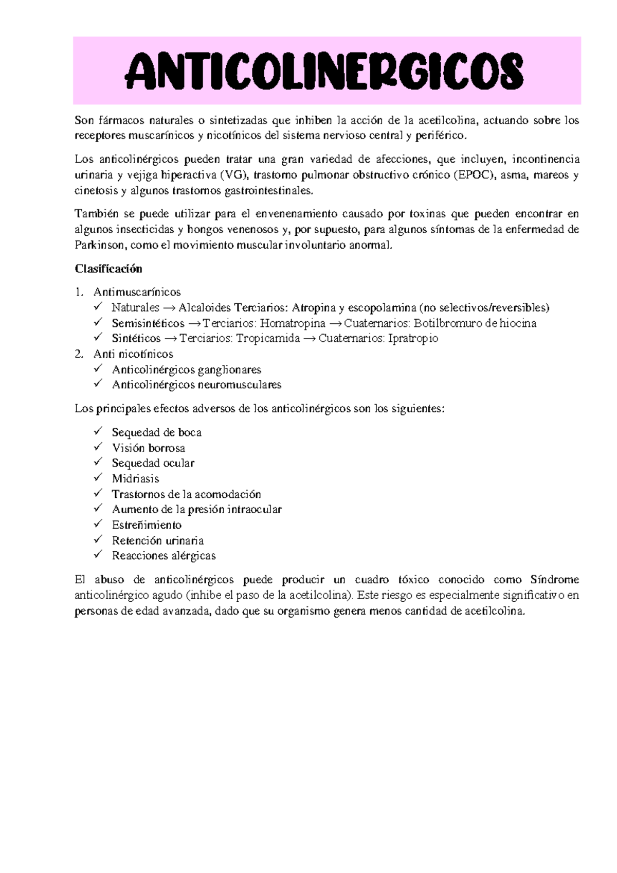 Anticolinergicos - DESCRIPCIÓN DE LOS FÁRMACOS ANTICOLINÉRGICOS Y ...