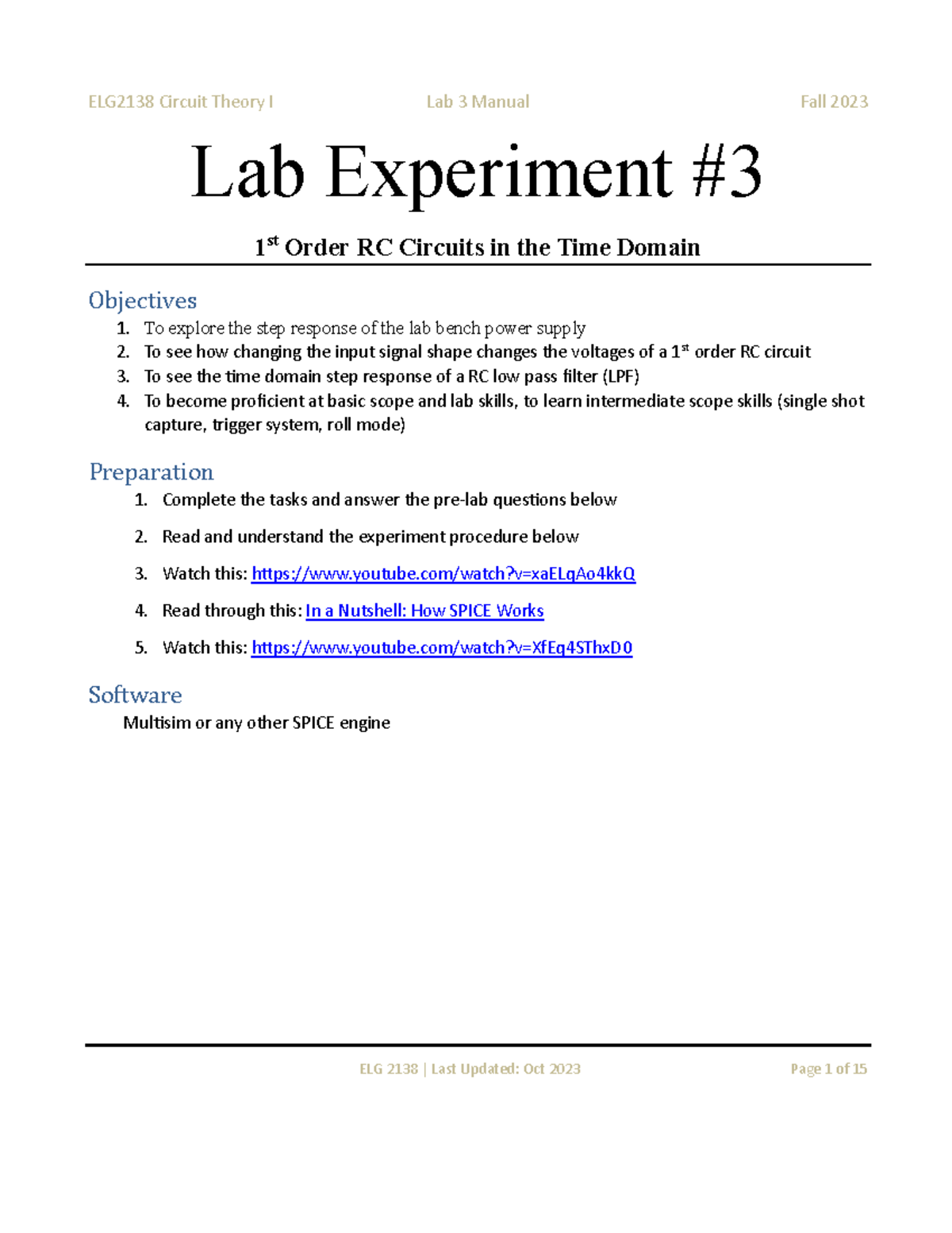 Lab 3 Manual-ELG 2138-F2023.pdf - Lab Experiment # 3 1 st Order RC Circuits in the Time Domain ...