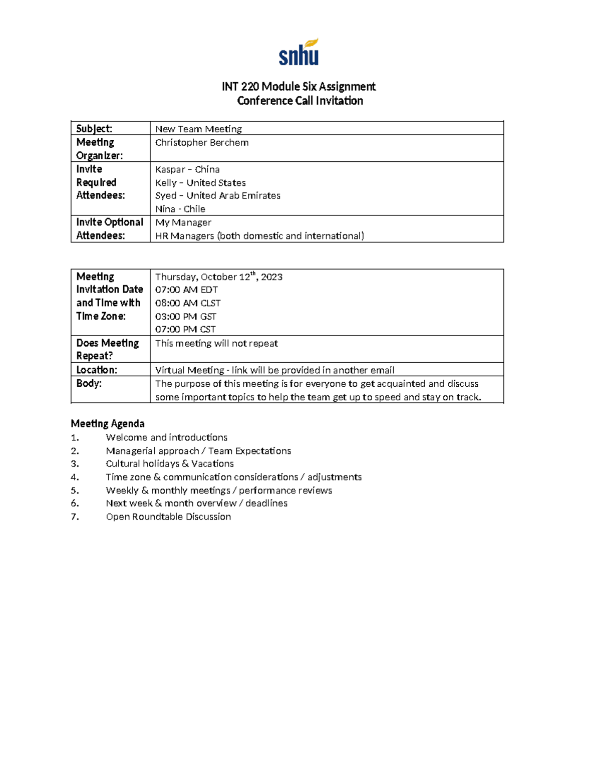 INT 220 Conference Call Invitation - INT 220 Module Six Assignment ...