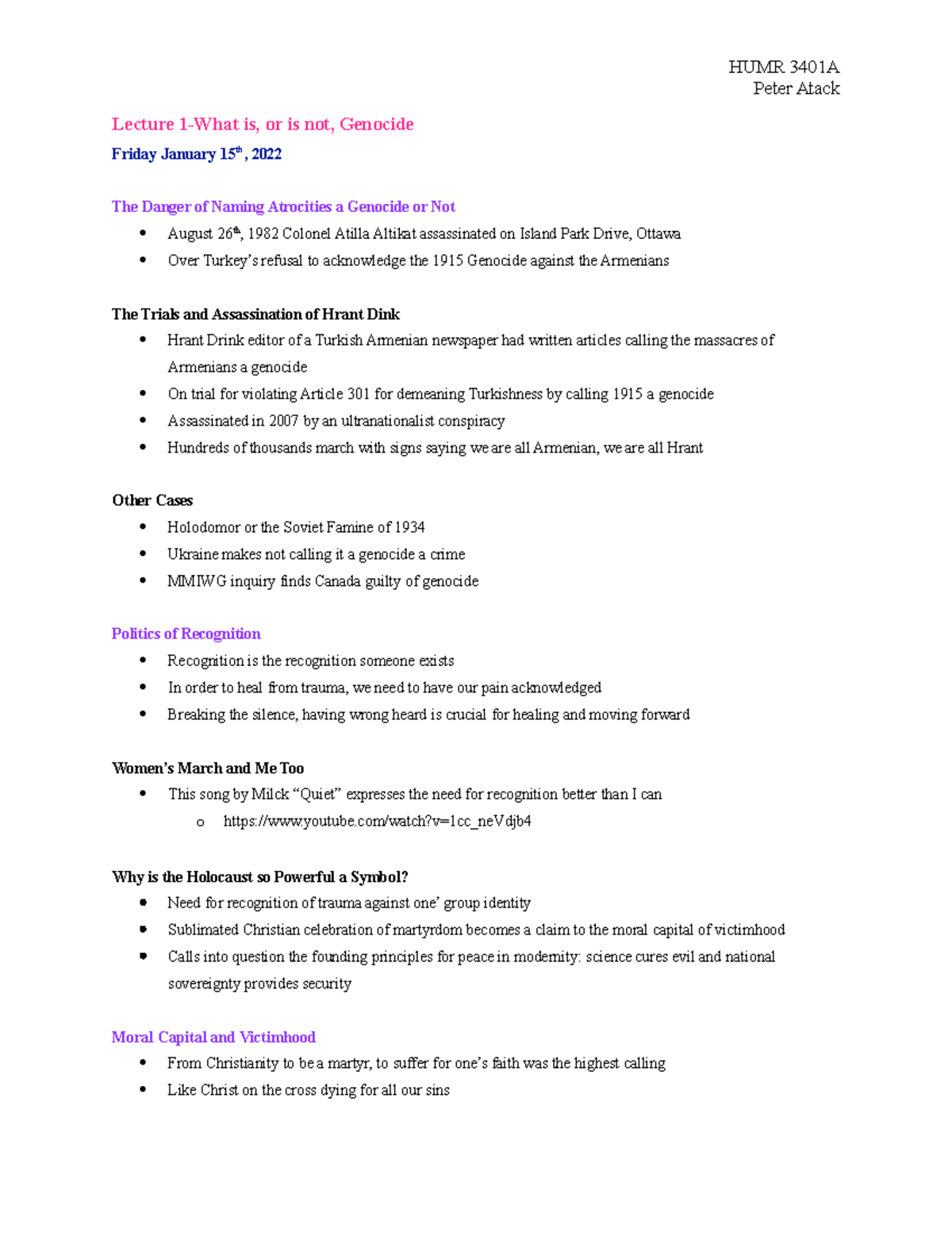 HUMR 3401 A - Complete and details lectures notes - Peter Atack Lecture ...