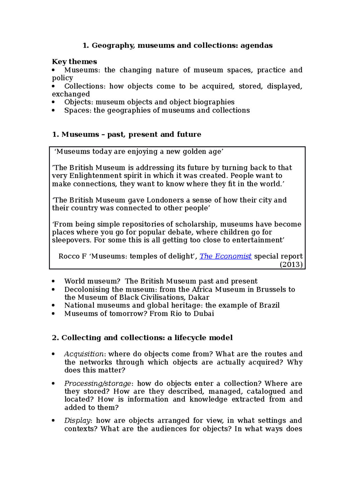 Lecture 1 notes - Geography, museums and collections: agendas Key ...
