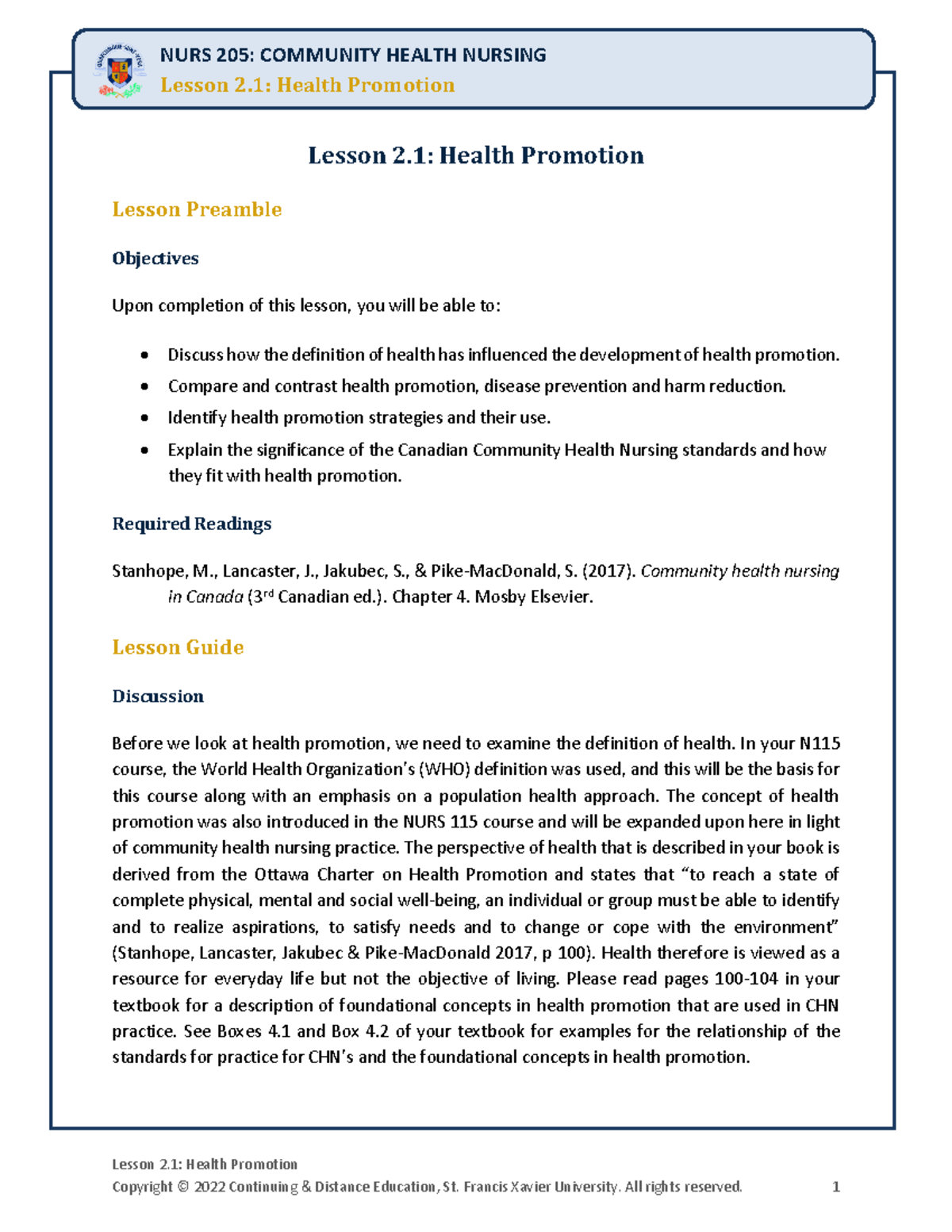 NURS 205-202320 Lesson 2 - NURS 205: COMMUNITY HEALTH NURSING Lesson 2 ...