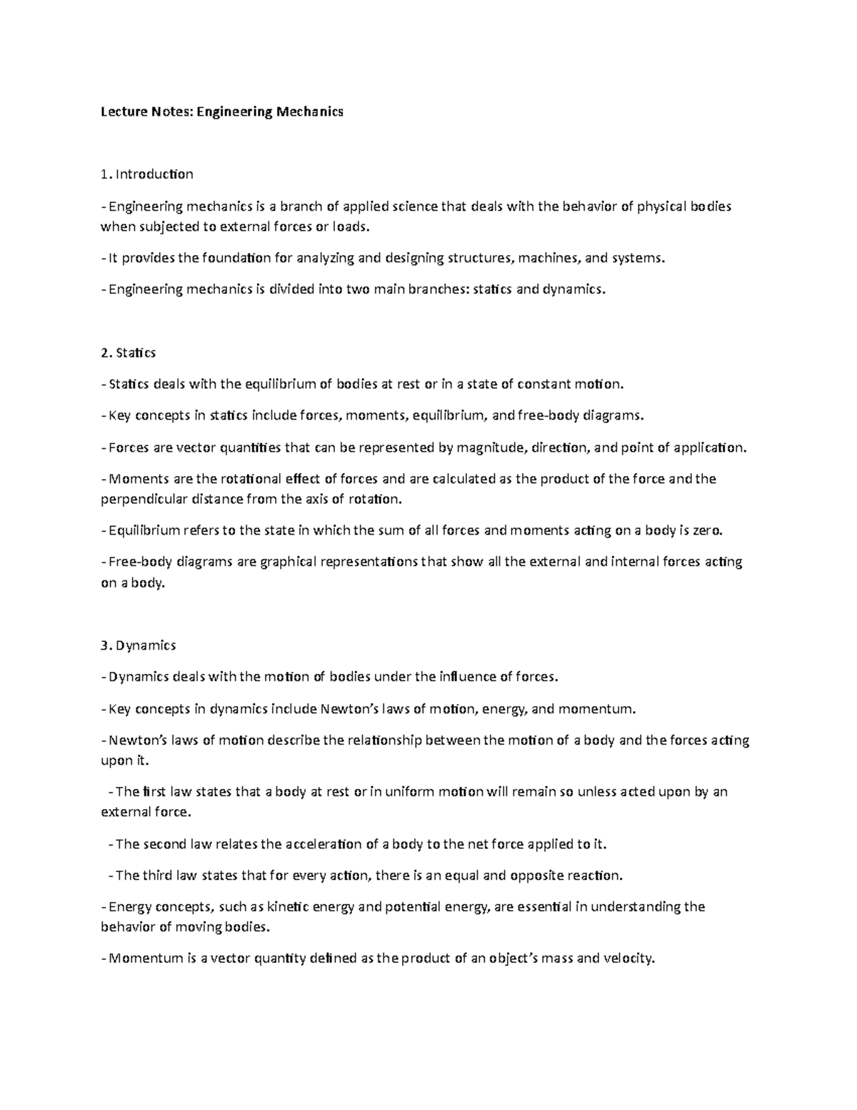 Lecture Notes: Engineering Mechanics - Lecture Notes: Engineering ...