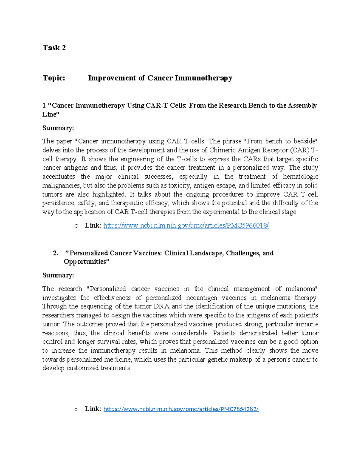 Task 2-1 - it is good assignment - Task 2 Topic: Improvement of Cancer ...