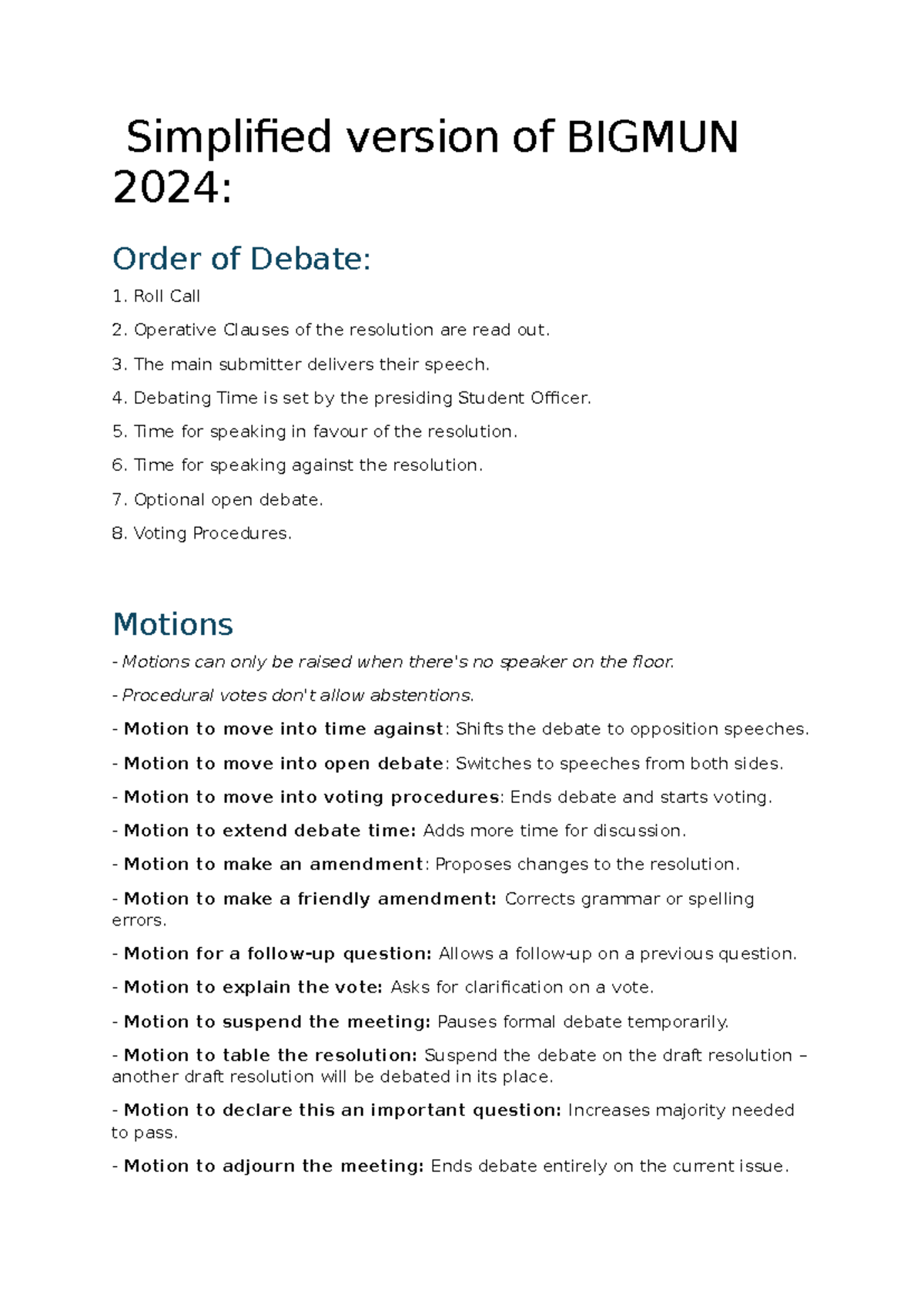 Bigmun 2024 shorter points and motions - Simplified version of BIGMUN ...