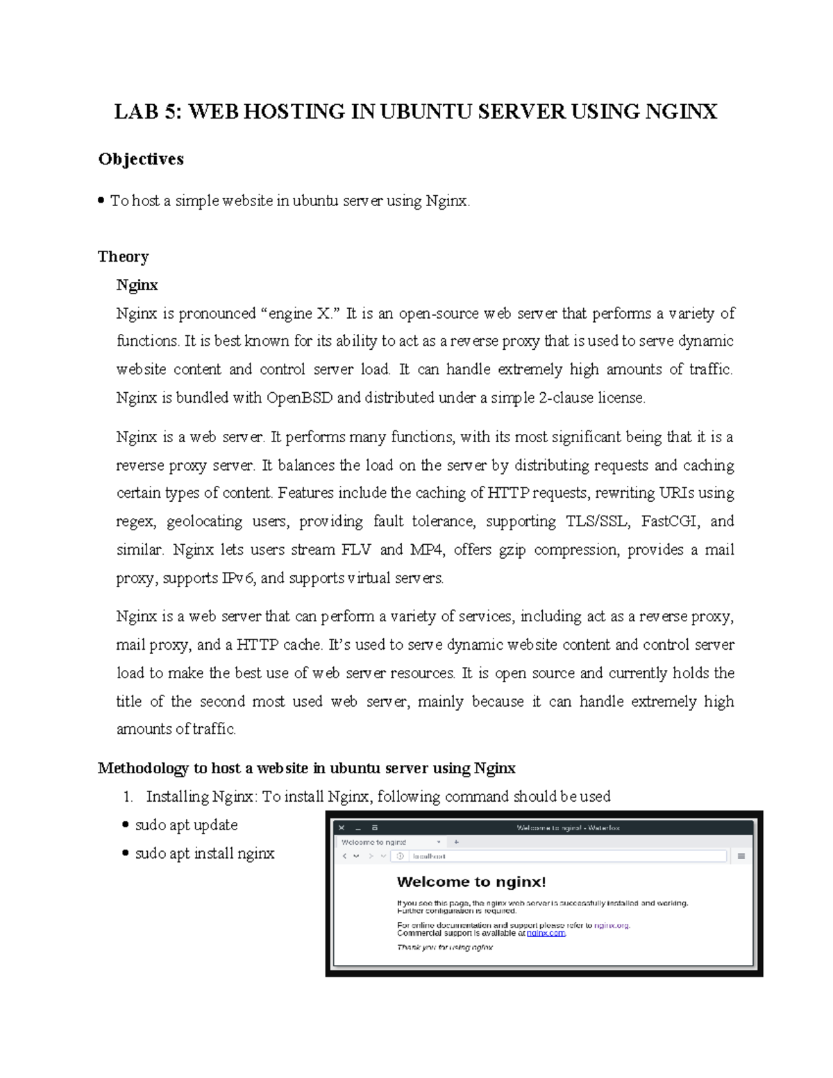 Lab 5web Hosting 1 - LAB 5: WEB HOSTING IN UBUNTU SERVER USING NGINX Objectives To host a simple ...