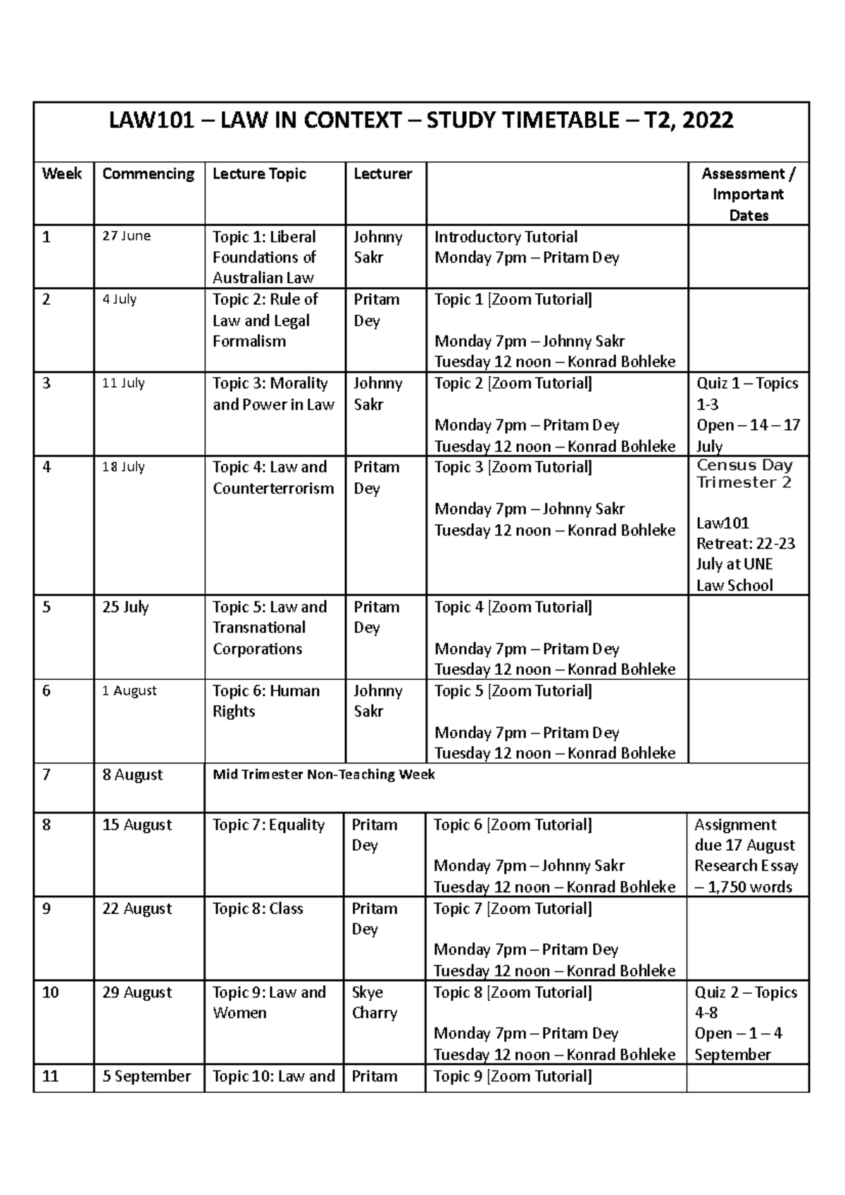 LAW101 - Study Time-Table - LAW101 – LAW IN CONTEXT – STUDY TIMETABLE ...