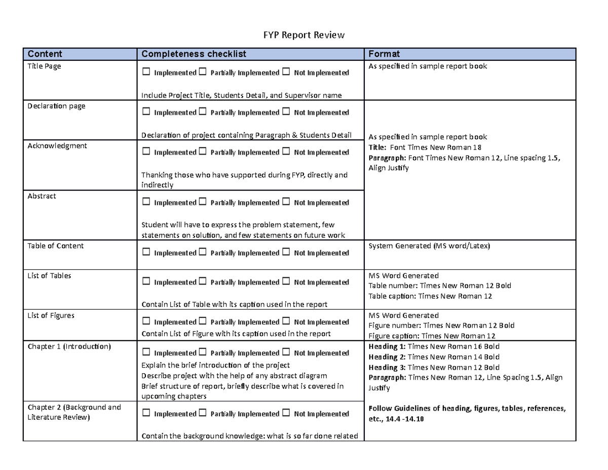FYPReport Completeness Checklist - FYP Report Review Content ...